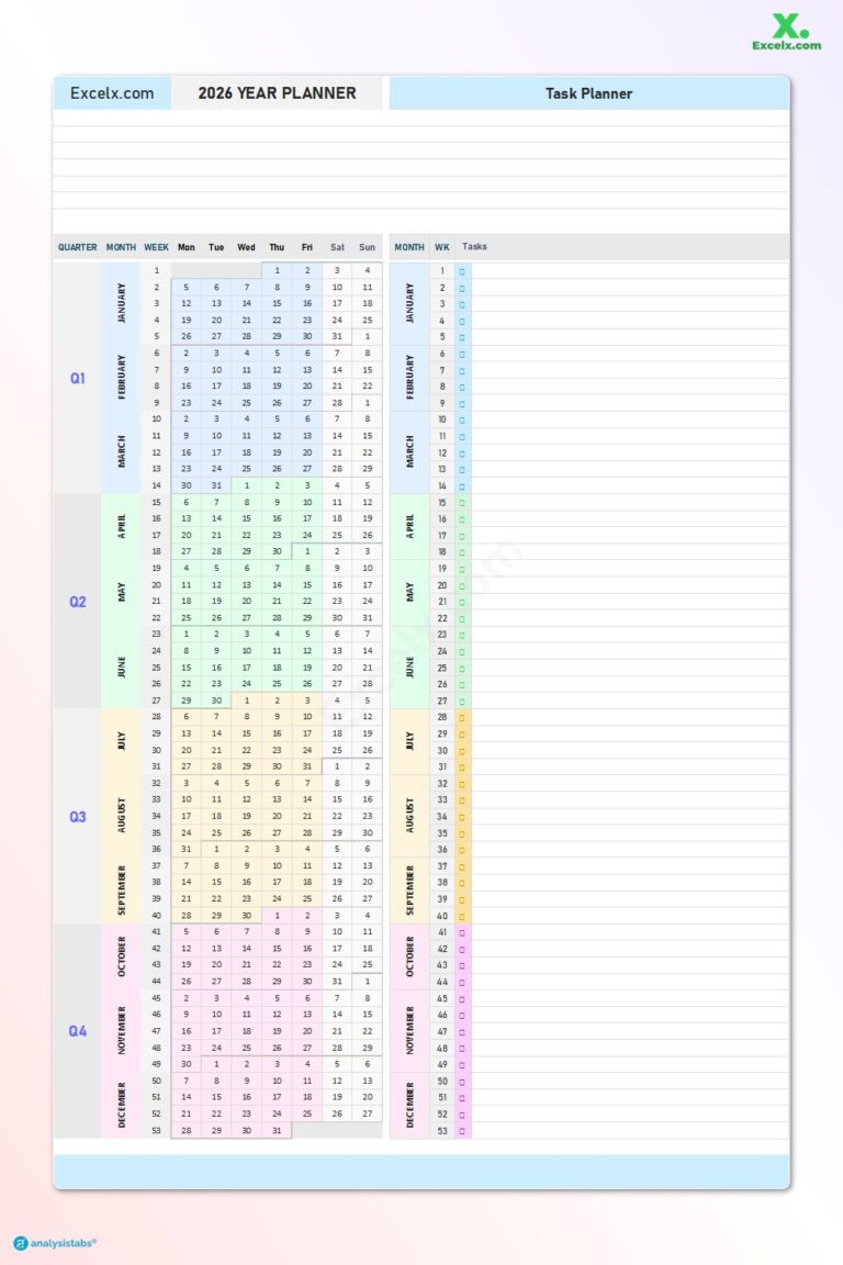 2026 Excel Calendar Templates: Free Download (w/ Week Numbers ...